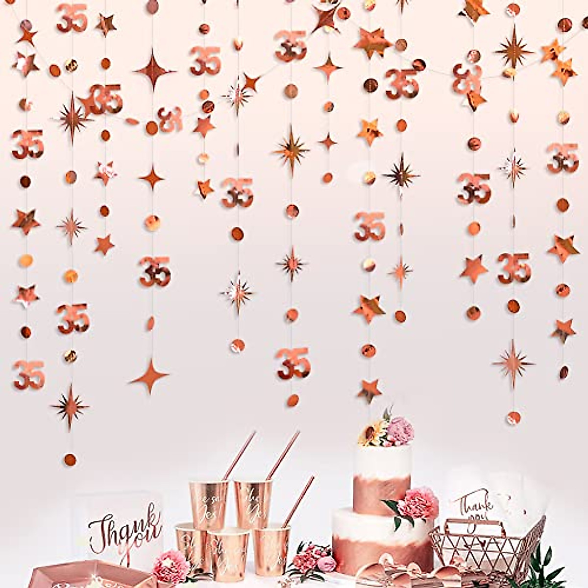 Rose Gold 35th Birthday Decorations Number 35 Circle Dot Twinkle Star Garland Metallic Hanging Streamer Bunting Banner Backdrop for Womens Thirty Five Year Old Birthday 35th Anniversary Party Supplies