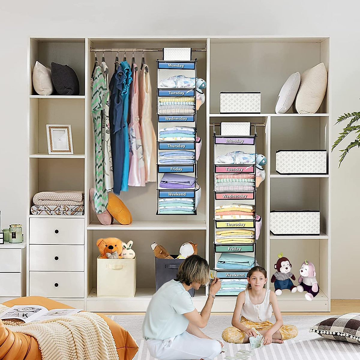 homyfort 6-Shelf Weekly Hanging Closet Clothes Organizer for Kids, Days of The Week Clothes Organizer for Closet, Sturdy Oxford Kids Closet Organizers and Storage (White)