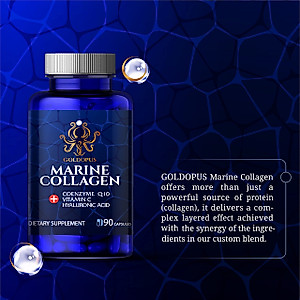 GOLDOPUS Marine Collagen Capsules with Hyaluronic Acid, Coenzyme Q10, Vitamin C - Preserve Beauty and Youth - Promote Firm Skin, Strong Nails&Hair, Healthy Joints, 90 Capsules, 1 Month Supply