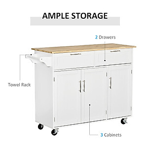 HOMCOM Mobile Kitchen Island with Storage, Kitchen Cart with Wood Top, Storage Drawers, 3-Door Cabinets, Adjustable Shelves and Towel Rack, White