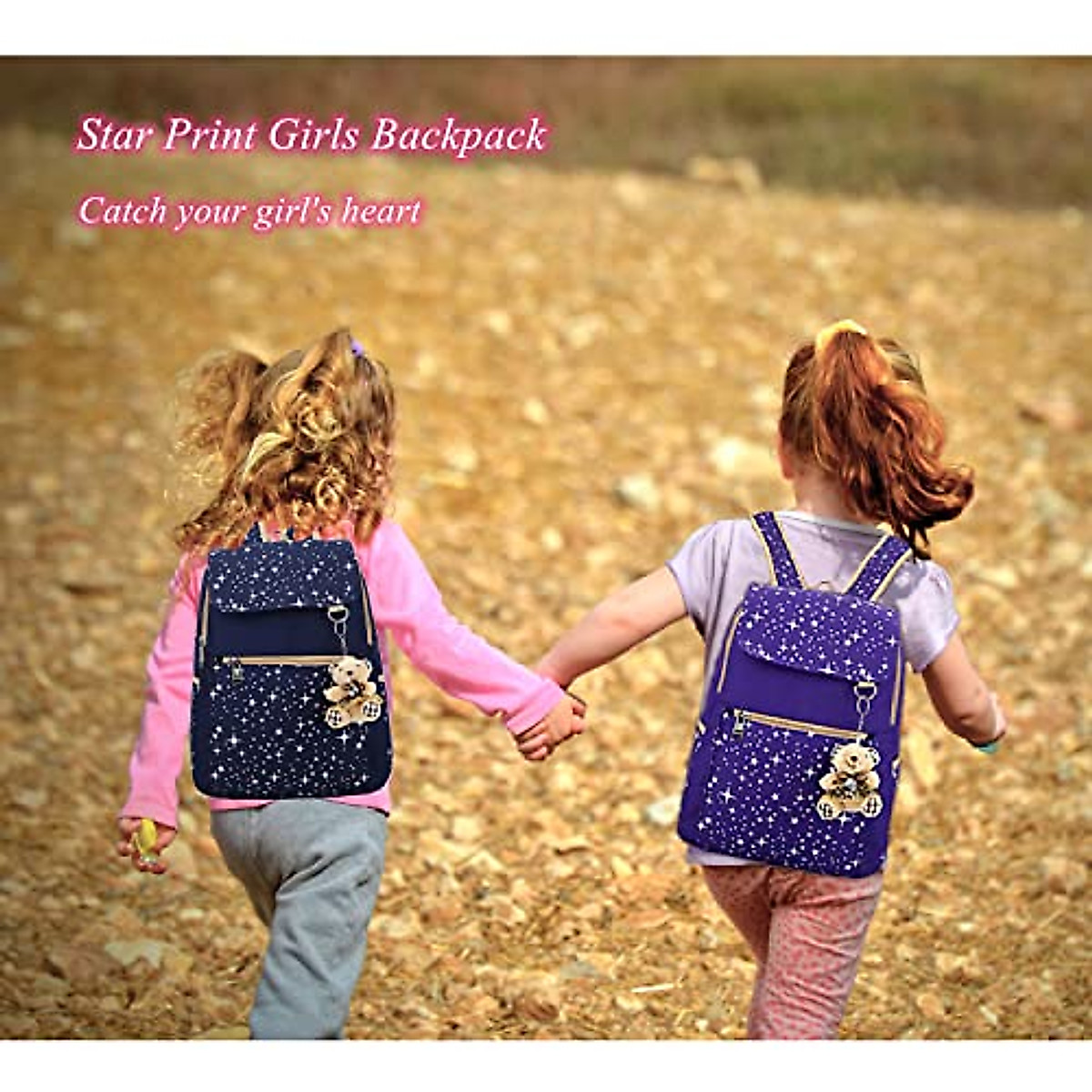 Star Print Girls Black Canvas Backpacks Set, School Bags Bookbags for Teenage Girls, with Crossbody Bag, 3 Pieces