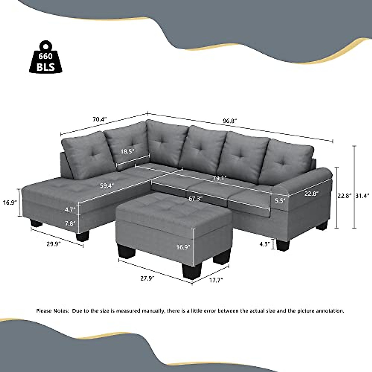 AWQM Upholstered Sectional Sofa for Home, Apartment, Dorm, Bonus Room, Compact Spaces w/Chaise Lounge, 5-Seat, L-Shape Design, Reversible Ottoman Bench, Living Room Funiture