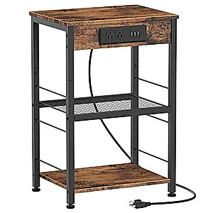Nightstand with Charging Station End Table with USB Ports and Power Outlets Side Tables Bedroom with Storage Shelves Industrial End Table 3 Tier USB Bedside Tables in Living Room Farmhouse Brown