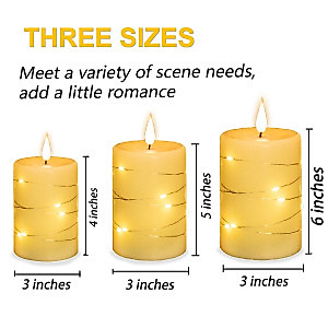 Flameless Battery Operated Flickering Valentine's Romantic Candle,with Embedded String Lights 3 Pack LED Electric Candle with 10-Key Remote Control, Dancing Flame, Real Wax(Batteries not Included)