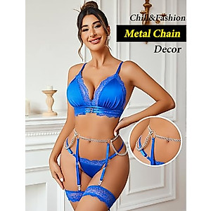 Avildlove Woman Sexy Lingerie Garter Belt Set Lace Lingeries Bra and Panty Sets No Stockings (Blue, M)