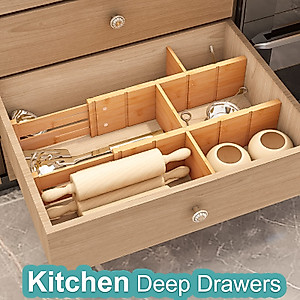 Vriccc 4.4" High Bamboo Drawer Dividers with Inserts, Kitchen Adjustable Drawer Organizers, Expandable Organization for Home, Office, Dressers, and Bathroom, 4 Divider with 8 Insert