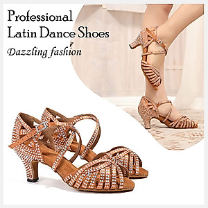 HIPPOSEUS Women's Latin Dance Shoes Tan Shiny Rhinestones Ballroom Party Salsa Dance Performace Shoes 2 1/3inch heel,Model L380,8 B(M) US