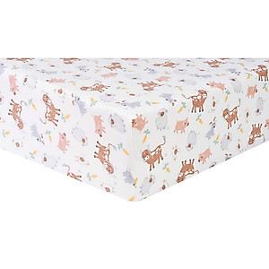 Farm Friends Deluxe Flannel Fitted Crib Sheet-Farm Animal Scatter Print Cotton Flannel, Grays, Brown, White, Orange, Fully Elasticized, 10 in Deep Pockets, Fits Standard Crib Mattress 28 in x 52 in