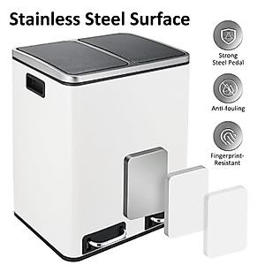 Arlopu 8 Gallon Dual Trash Can, 30L(2X15L) Stainless Steel Kitchen Garbage Can, Step-on Classified Recycle Garbage Bin with Removable Inner Buckets, for Kitchen, Living Room, Office (White)