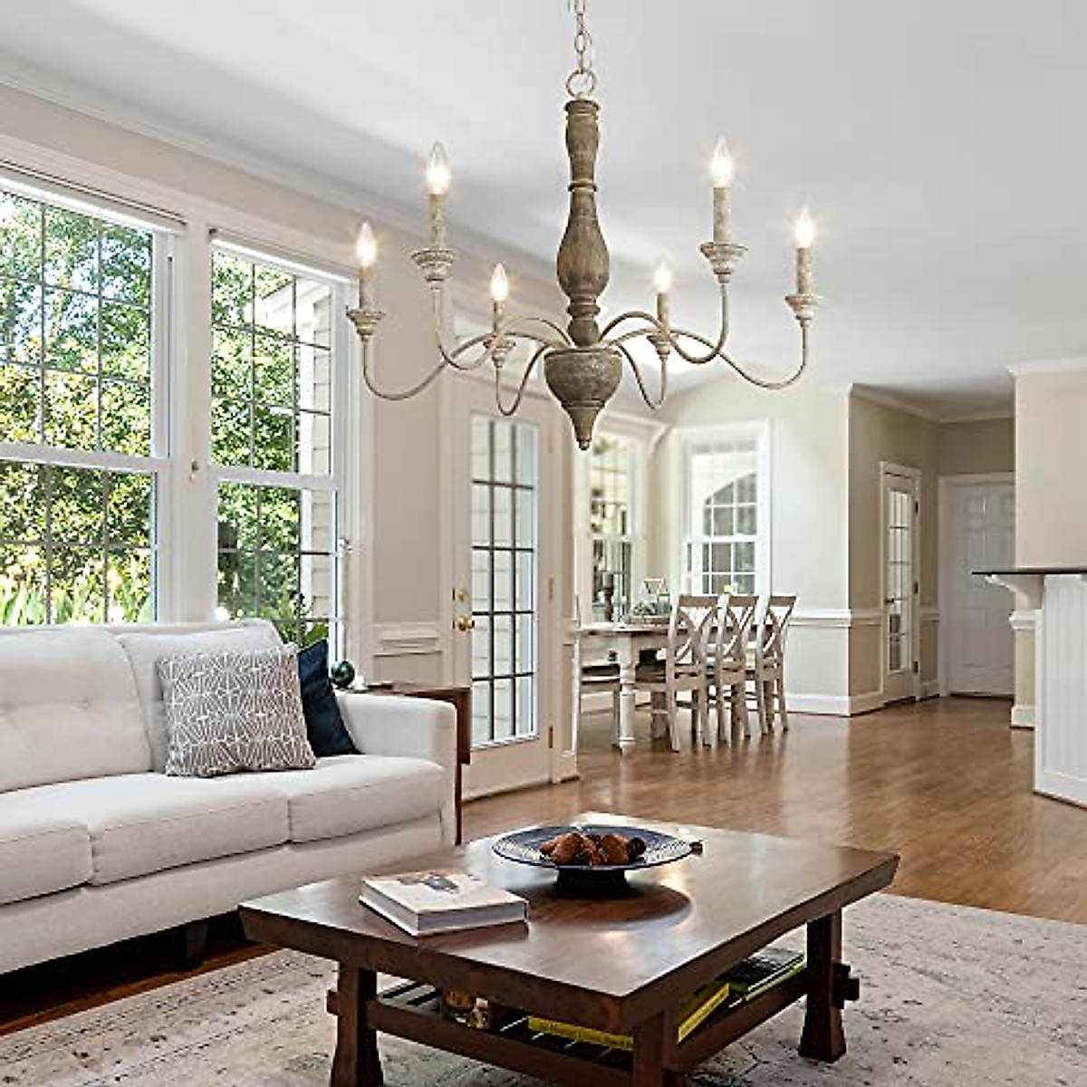 GEPOW 6-Light French Country Chandelier, Handmade Real Wood Farmhouse Chandelier, Distressed Finish Light Fixture for Dining Room, Living Room, Bedroom, Kitchen, Stairway