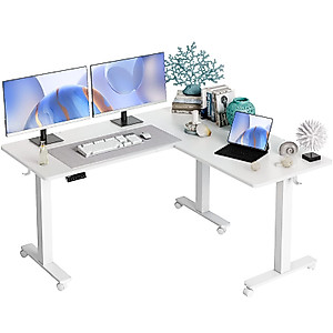 Claiks Triple Motor L Shaped Standing Desk, 63 x 55 inch Corner Stand Up Desk, Adjustable Height Desk with Splice Board, White Frame/White Top