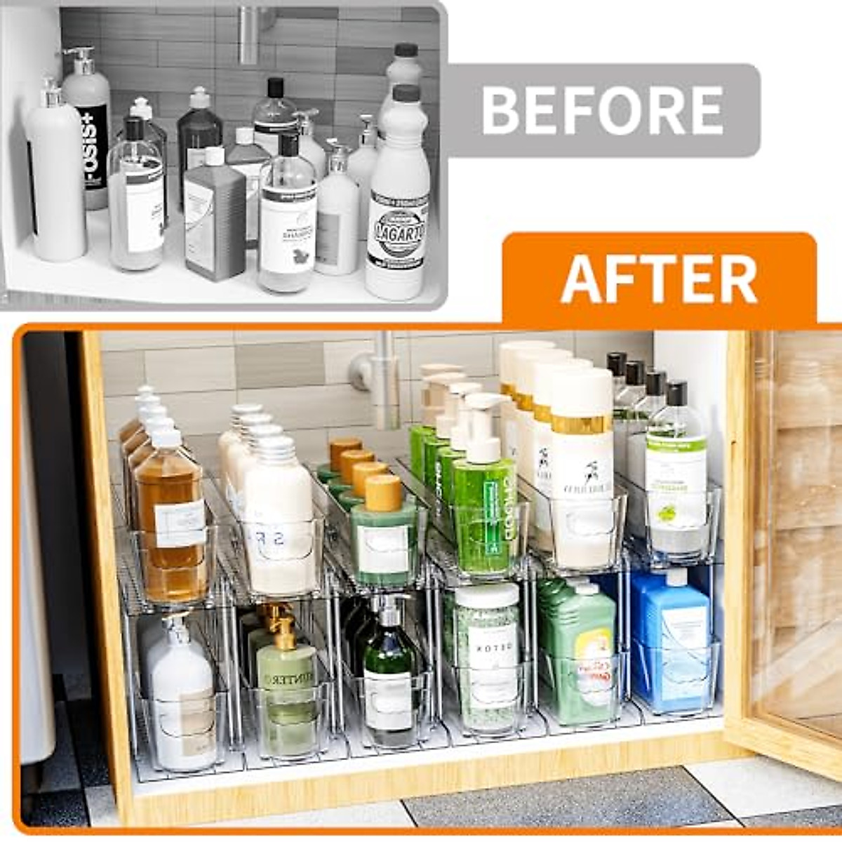 2 Set 2 Tier Bathroom Under Sink Organizers and Storage - 14.8"Deep x 5.1" Width - Suitable as Pantry Drawers Slide Out Shelves,Under Kitchen Sink Organizer,Narrow Pull Out Under Cabinet Organizer