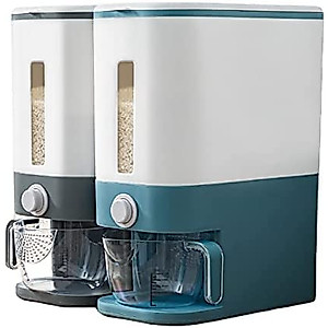 Rice Dispenser Container 25 Lbs | Grain Storage Containers | Large Automatic Dry Food Dispenser and Grain Storage Bucket with Measuring Cup | Small Snack Dispenser (Blue)