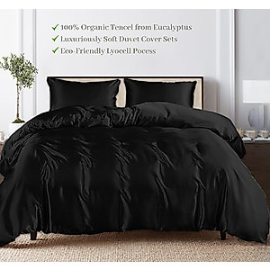 Linenwalas Tencel Lyocell Duvet Cover Set with Deep Pocket Fitted Sheet, Viscose Made from Eucalyptus Soft, Lightweight and Breathable Complete Halloween Black Bedding Set (Jet Black, King)