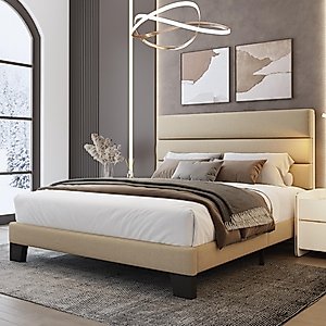 WEEWAY Queen Bed Frame Platform Bed with Linen Fabric Upholstered Headboard and Wooden Slats Support, Heavy Duty Mattress Foundation, No Box Spring Needed, Easy Assembly, Beige