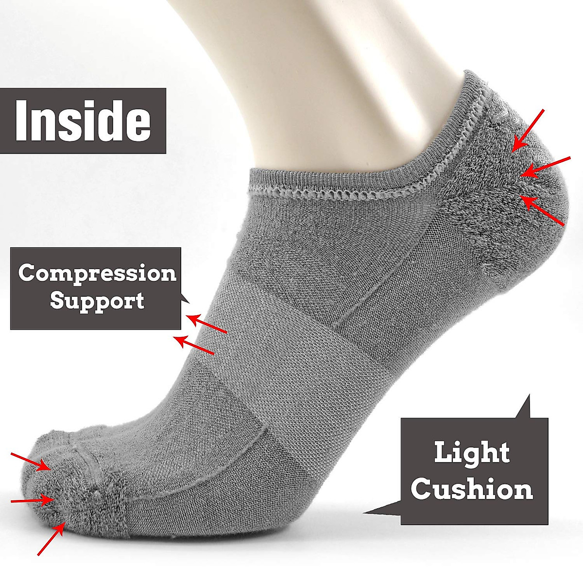 Busy Socks Men's Merino Wool No Show Athletic Running Socks, Women's Mesh Breathable Super Soft Thin Socks for Summer, 6 Pairs, Large, Medium Grey