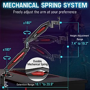 MOUNT PRO Single Gaming Monitor Stand - Mechanical Spring Monitor Mount, Adjustable Gaming Monitor Arm with C Clamp and Grommet Mounting Base - Fits for Computer Screen up to 32”, VESA 75x75, 100x100