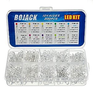 BOJACK 10 Colors 200 Pcs 5mm LED Diode Lights Assored Kit Pack (Transparent DC 2V - 3.2V 20mA) Bright Lighting Bulb Lamps Electronics Components 5 mm Light Emitting Diodes Parts