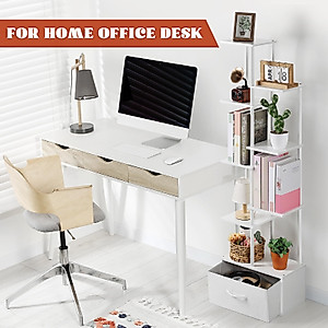 Vrisa 7 Tier Bookshelf with Storage Bookcase with Fabric Drawer Morden Book Shelf Wood Display Shelf Storage Organizer Freestanding Open Shelf Unit for Living Room, Bedroom, Home Office, White