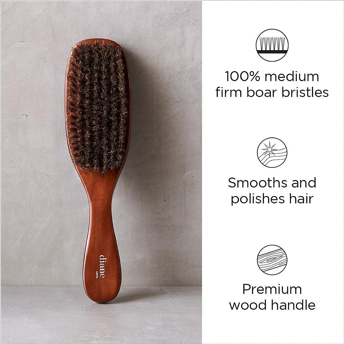 Diane Premium 100% Boar Bristle 7 Row Wave Brush for Men and Barbers, Medium-Firm Bristles for Thick Coarse Hair, Detangling, Smoothing
