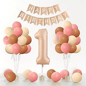 Boho 1st Birthday Decorations For Girls,40 Inch Cream 1 Balloon, Nude Dusty Pink Brown Balloons And Birthday Banner For Boho One Year Old Birthday Decorations Groovy Anniversary Baby Shower Decor
