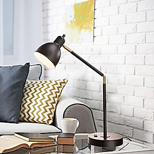 Catalina 20092-001 Modern Adjustable Metal Desk Lamp with Brass Accents & Power Outlet, 20.75", Classic Black
