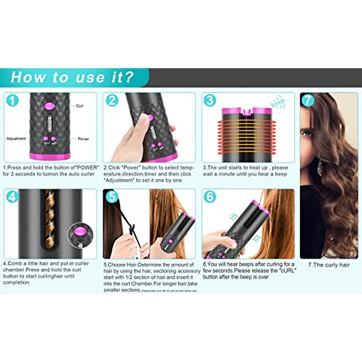 Automatic Hair Curler, Wireless Hair Curling Wand USB Rechargeable, LCD Display 6 Temperature Setting,Portable Cordless Hair Styler for Long & Short Hair, Travel & Home Use (Gray)