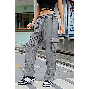 QYANGG Baggy Parachute Pants for Women& Girls Drawstring Elastic Low Waist Ruched Cargo Pants Multiple Pockets Jogger Y2K Grey