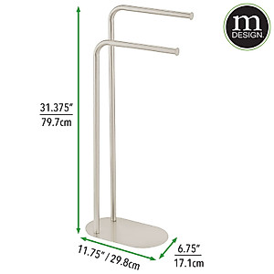 mDesign Tall Stainless Freestanding Towel Rack Holder - 2 Tier Minimalist Pedestal Hanger Holders for Kitchen and Bathroom - Racks for Bath, Hand, Dish, and Tea Towels or Washcloths - Satin