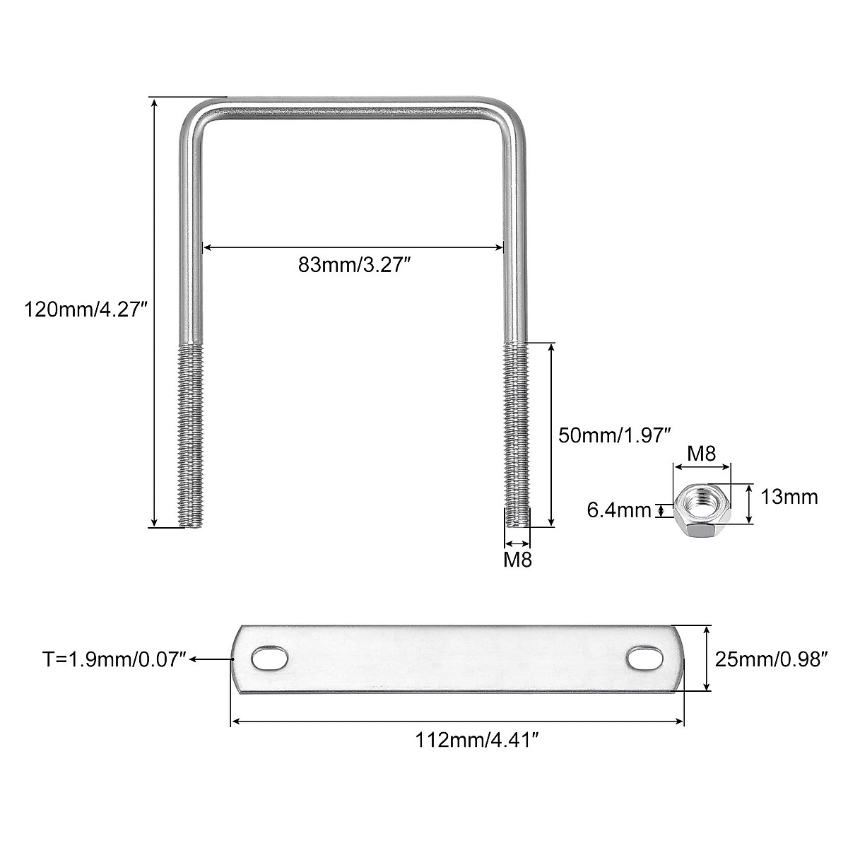 uxcell Square U-Bolts, 3 Sets 83mm(3.27") Inner Width 120mm Length M8 304 Stainless Steel U Clamp Bolt with Nuts and Plates, for Boat Trailer