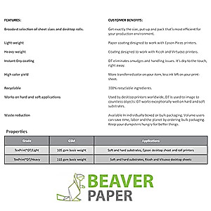 Beaver TexPrint DT Heavy - Replaces R - for Ricoh and Virtuoso All-Purpose High Release Sublimation Paper for Dye Transfer, SawGrass Approved Sublimation Transfer Paper, 11" x 17", 110 Sheet Pack