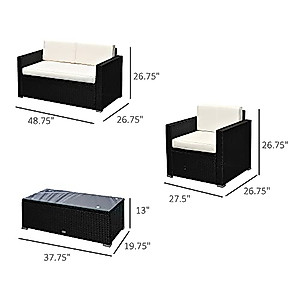 Outsunny 4 Piece Wicker Patio Furniture Set with Cushions, Outdoor Sectional Furniture with 2 Sofa, Loveseat, and Glass Top Coffee Table, Conversation Sofa Sets for Garden, White