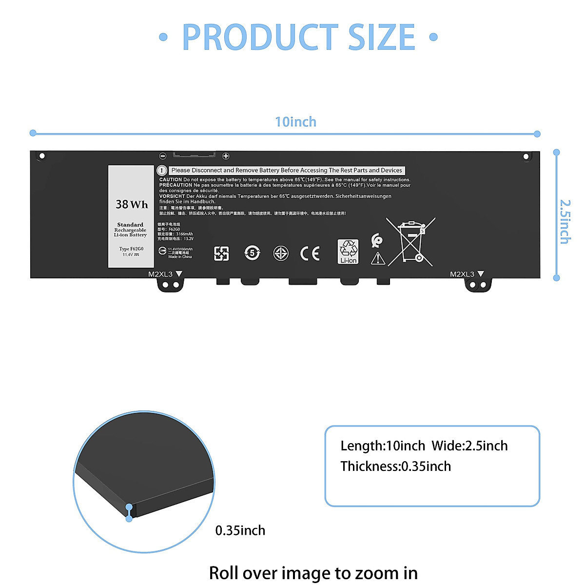 New 38Wh F62GO Battery Compatible with Dell Inspiron 13 7000 7373 7386 2-in-1 7370 7380 5370 P83G P87G P91G P83G001 P83G002 P91G001 P87G001 Vostro 13 5370 Series 39DY5 039DY5 RPJC3 0RPJC3 11.4V