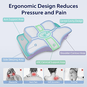 HOMCA Cervical Pillow for Neck Pain Relief, Ergonomic Neck Support Pillows for Sleeping, Orthopedic Memory Foam Neck Pillow for Side Back Stomach Sleepers with Soft Breathable Pillowcase