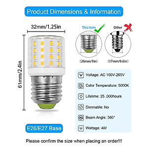 ZHENMING KEI D34L Refrigerator Bulb AC100-265V 3.5W Fridge Light Bulb Replacement, 4W LED Bulb E26 Medium Base Bright Lamp for 40W-60W Freezer Appliance Lighting, A15 Daylight White 5000K, 2 Pack
