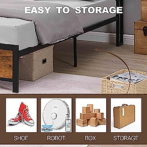 RIDFY Bed Frame with LED Lights and 2 USB Ports, Industrial Platform Bed Frame with 2-Tier Storage Headboard, Heavy Duty Camas/Noise Free/No Box Spring Needed/Brown (Full)