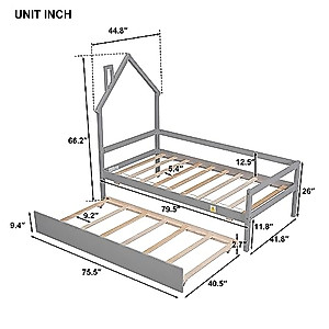 Twin Platform Bed with Trundle, Wooden House-Shaped Headboard Bed with Guardrails, Daybed Frame with Sturdy Slat Support for Kids Boys Girls Bedroom (Grey 06)