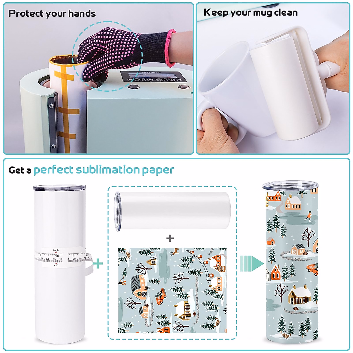 GO2CRAFT Basic Tool Set for Mug Press, 14Pcs Tool Set for Mug Tumbler Press with 3Pcs Sublimation Tumbler Wraps,Silicone Cup Cradle with Built-in Slot&Tape Dispenser, Big Bundle for DIY Gifts, Craft