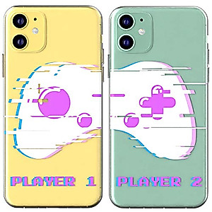 Toik Matching Couple Cases for Apple iPhone 11 Pro Xs Max Xr 10 X 8 Plus 7 6s 5s SE Cover Protective Teen Boyfriend Glitch Art Cute Geek Apple Slim Players BFFs Flexible Gamepad Design Girlfriend
