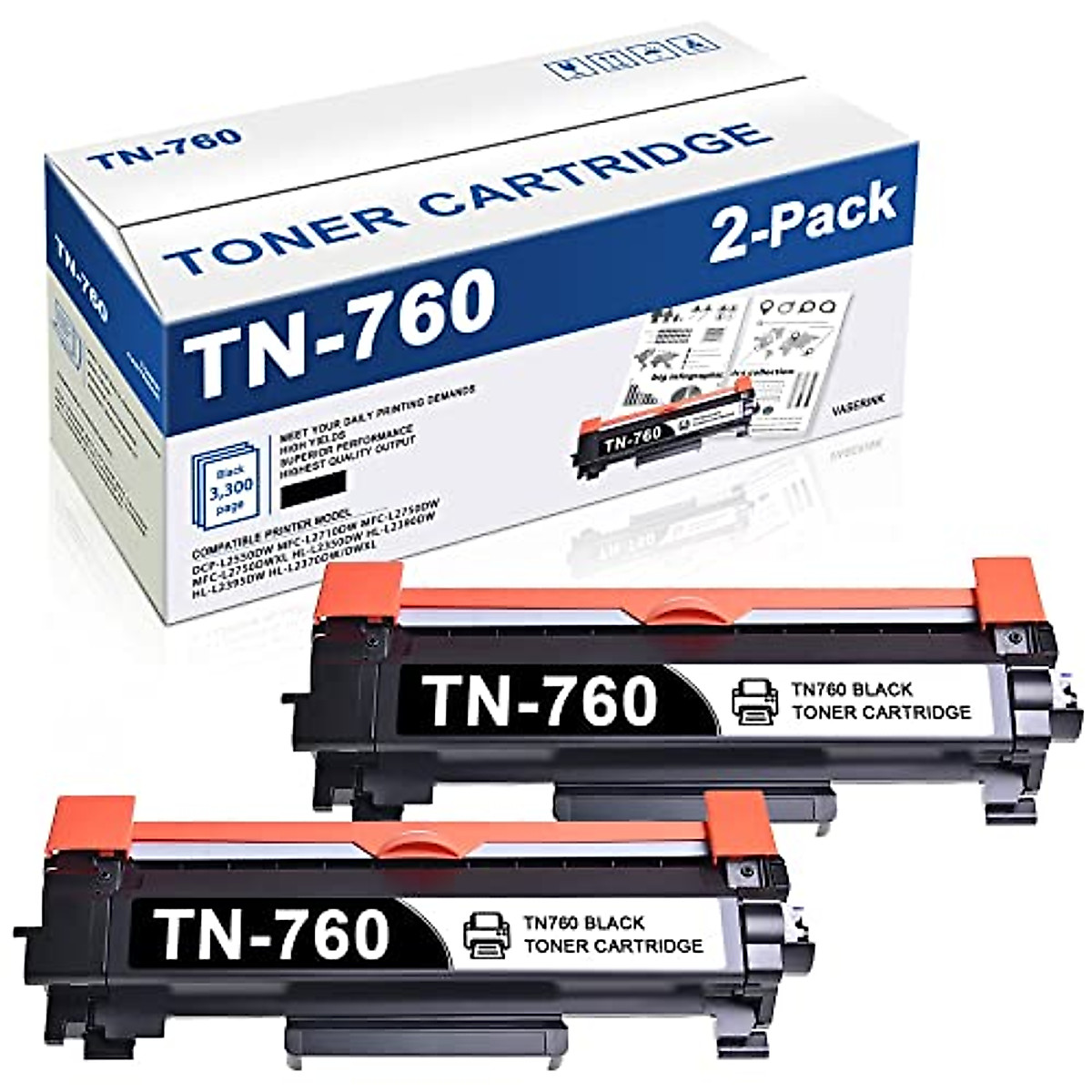 VASERINK TN760 Toner 2-Pack Black Compatible High-Yield TN-760 Toner Cartridges Replacement for Brother DCP-L2550DW MFC-L2710DW L2750DW L2750DWXL HL-L2350DW L2390DW L2395DW L2370DW/DWXL Printer