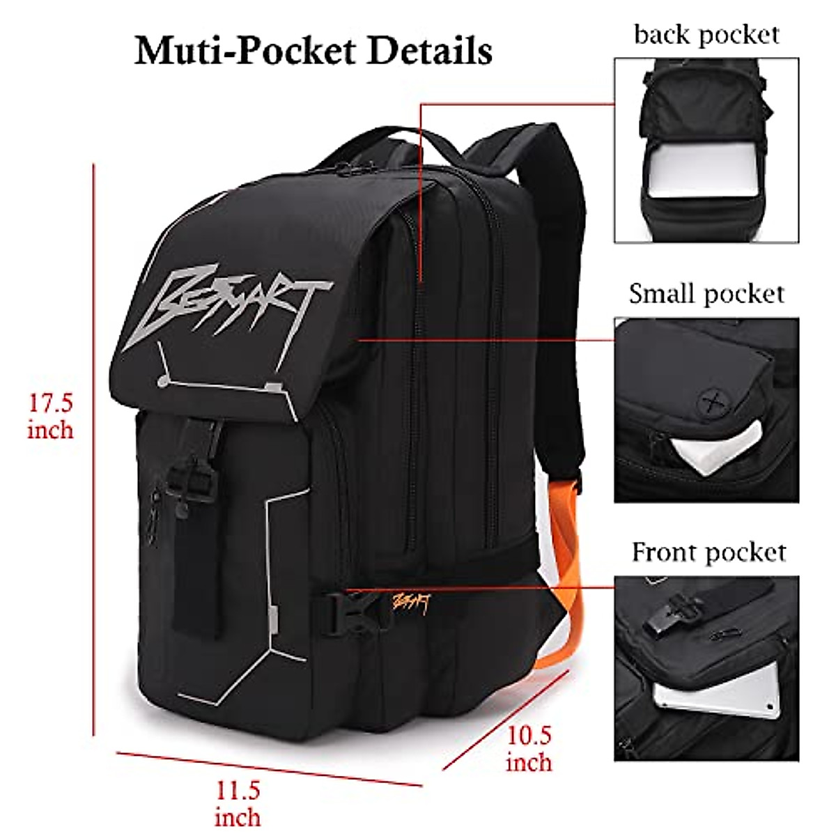 BE SMART Hiking Outdoor Travel Backpack with Cyberpunk Design, Water-Resistant Laptop Daypack Book Bag with Multi-Layer for Men & Woman （Black）