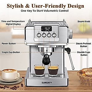 SUMSATY Espresso Machine, Stainless Steel Espresso Machine with Milk Frother for Latte, Cappuccino, Machiato,for Home Espresso Maker, 1.8L Water Tank, 20 Bar