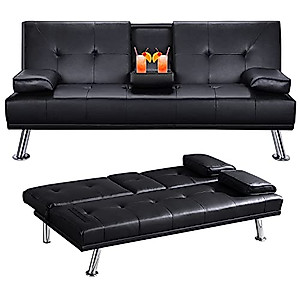 Ucloveria Modern Faux Leather, Multifunctional Sofa Bed, Convertible Folding Recliner Lounge Futon Couch for Living Room with 2 Cup Holders with Armrest（Black）