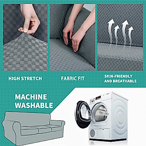 YEMYHOM Latest Checkered 4 Pieces Couch Covers for 3 Cushion Couch High Stretch Thickened Sofa Cover for Dogs Pets Elastic Slipcovers Living Room Furniture Protector (Light Gray), 71"-91"(3 Cushions)