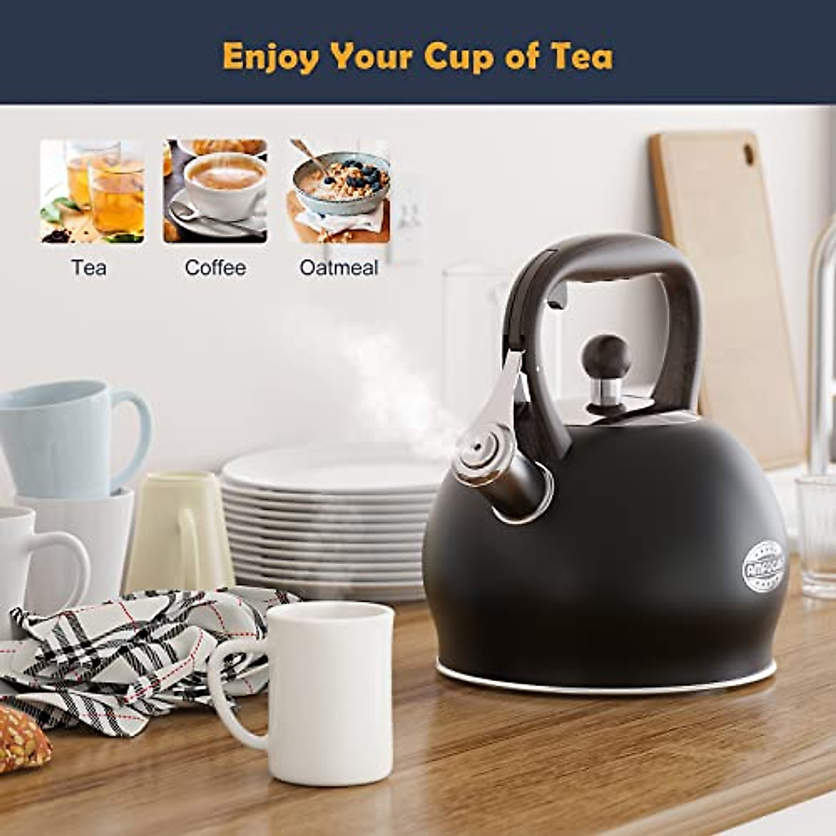 Tea Kettle Whistling Teapot for Stovetop : 2.64 Quart Food Grade Stainless Steel Tea Pot with Wood Pattern Handle, Loud Whistle Kettle for Tea, Coffee, Milk - Black