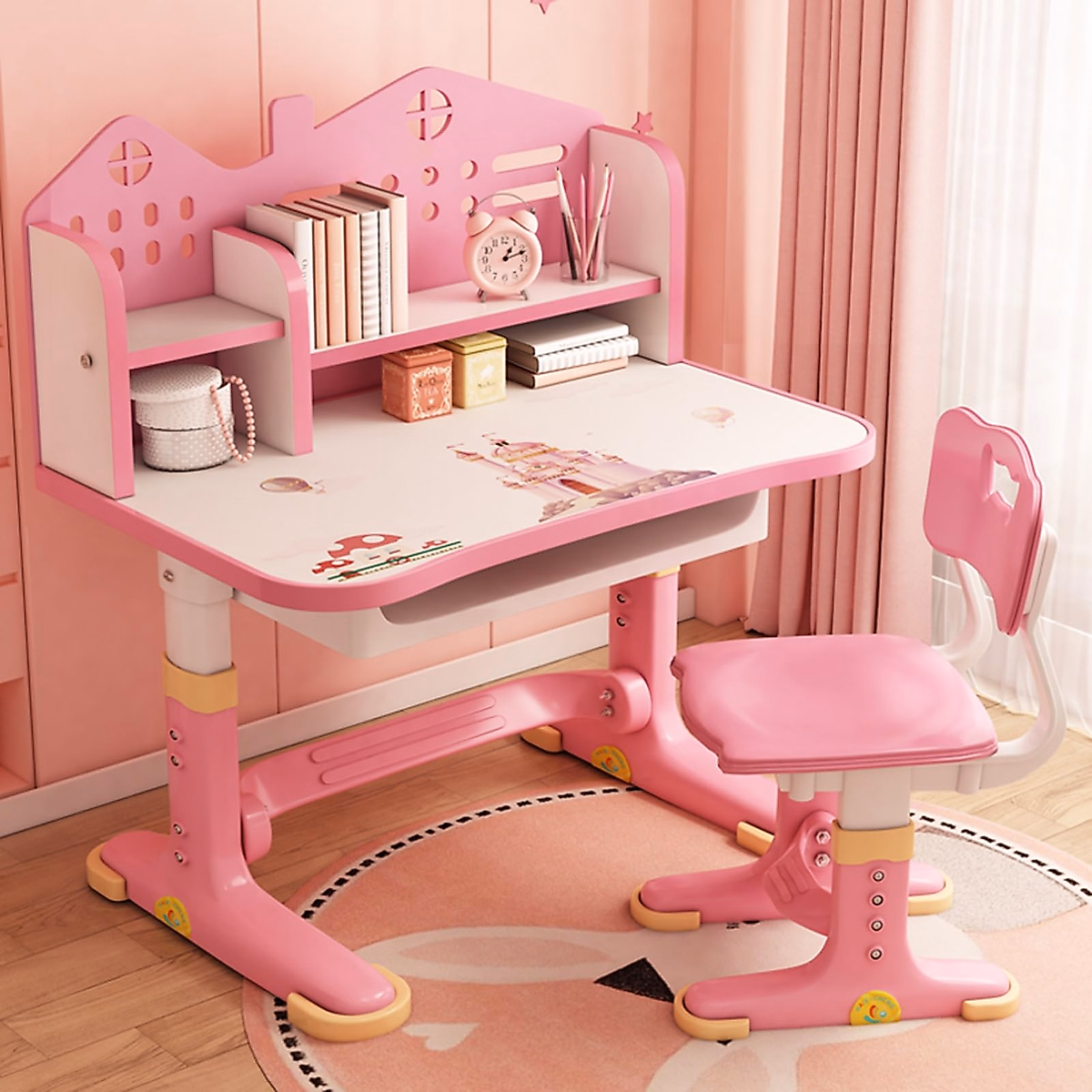 NEREIDS NET Kids Desk Chair Set,Small Desk,Standing Desk, Desk Chair Set Widened Children Desktop Height Adjustable School Study Desk with Castle Backboard,Bookstand and Storage Drawer Pink