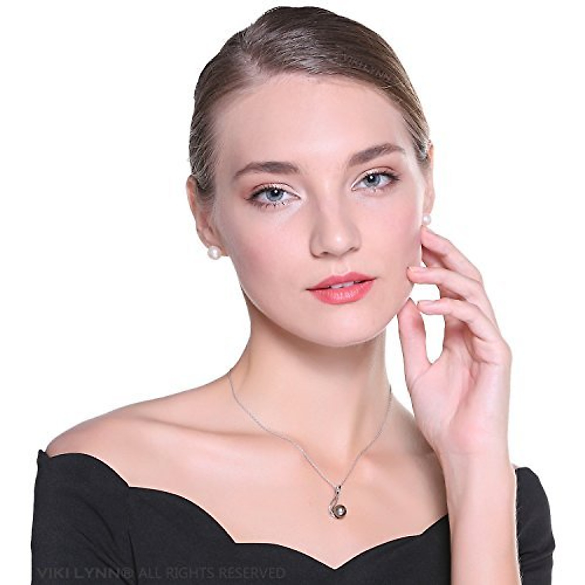 VIKI LYNN Tahitian Cultured Black Pearl Pendant Necklace 9-10mm Round Sterling Silver for Women