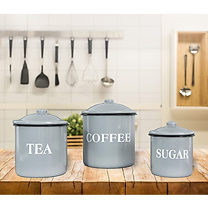 Creative Co-Op Metal Containers with Lids, "Coffee", "Tea", "Sugar" (Set of 3 Sizes/Designs),Grey