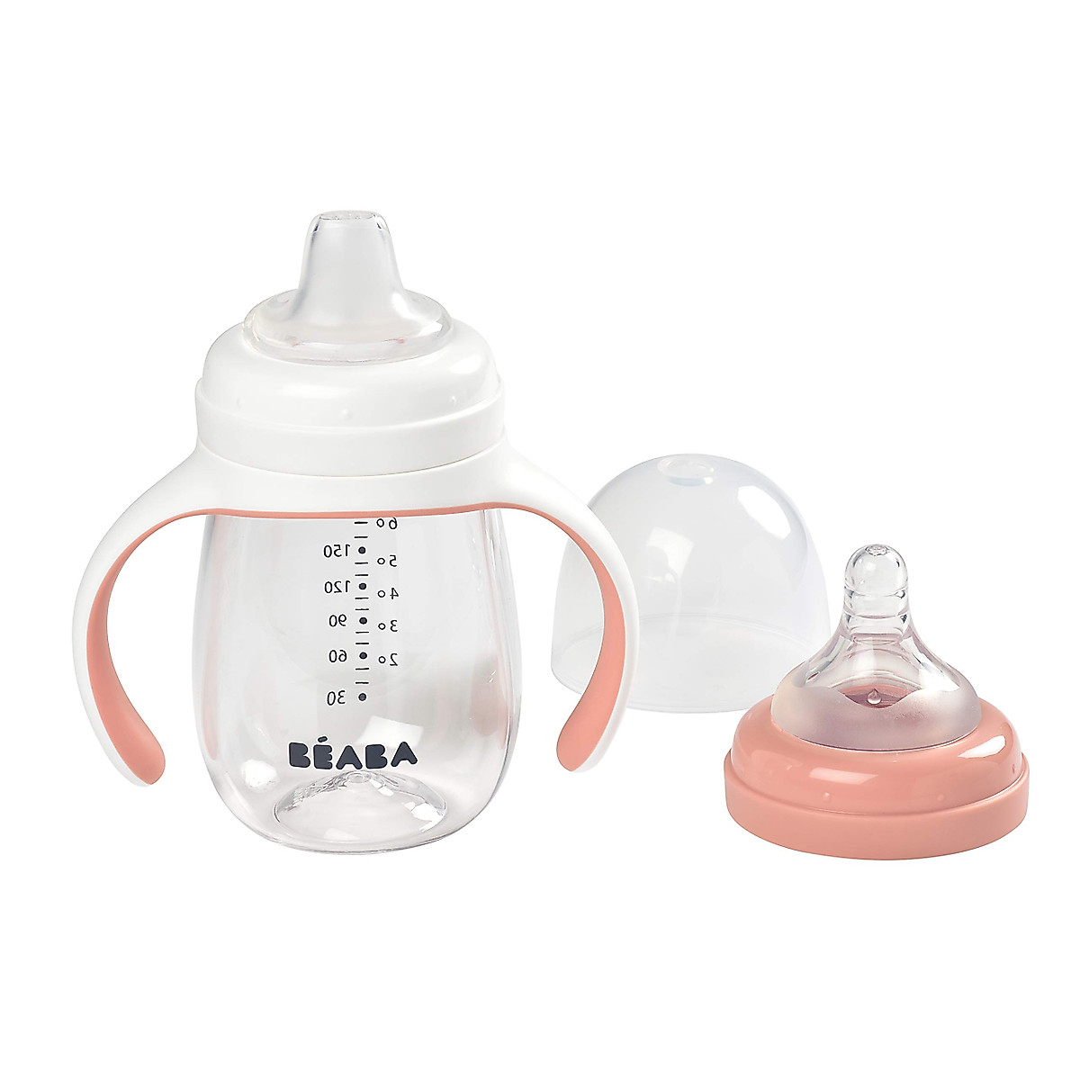 BEABA 2-in-1 Baby Bottle to Transition Sippy Cup, No Spill Sippy Cup, Includes Removable Handles, Silicone Baby Bottle Nipple and Soft Spout, 7 oz (Rose)