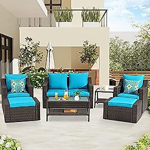 May in Color 7 Pieces Outdoor Patio Furniture Set, Wicker Conversation Set with Ottomans Cushions, Sectional Lounge Chair Sofa with Coffee Table, for Porch Deck Poolside Garden Balcony Backyard, Blue